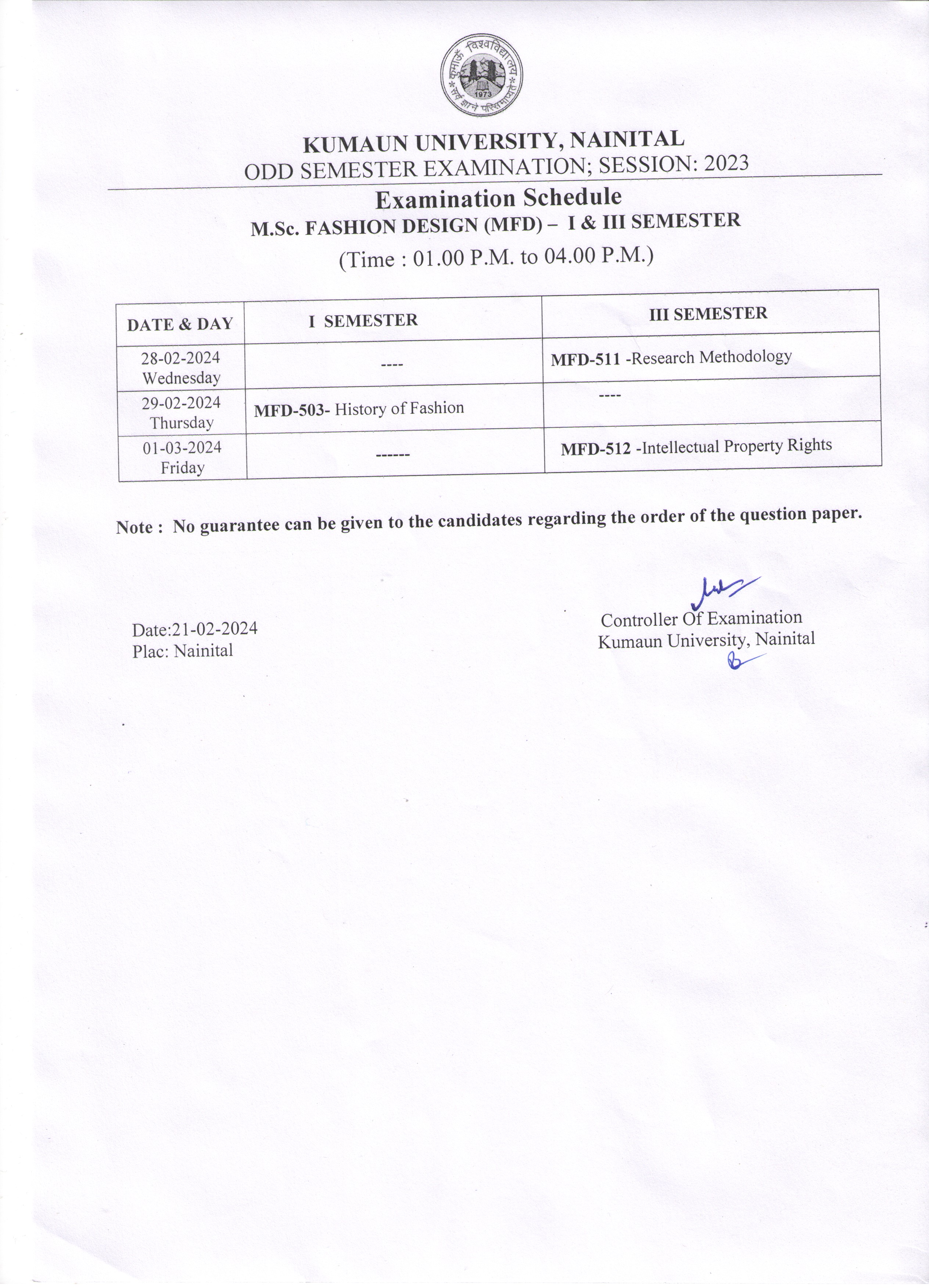 Examination Schedules | Kumaun University, Nainital