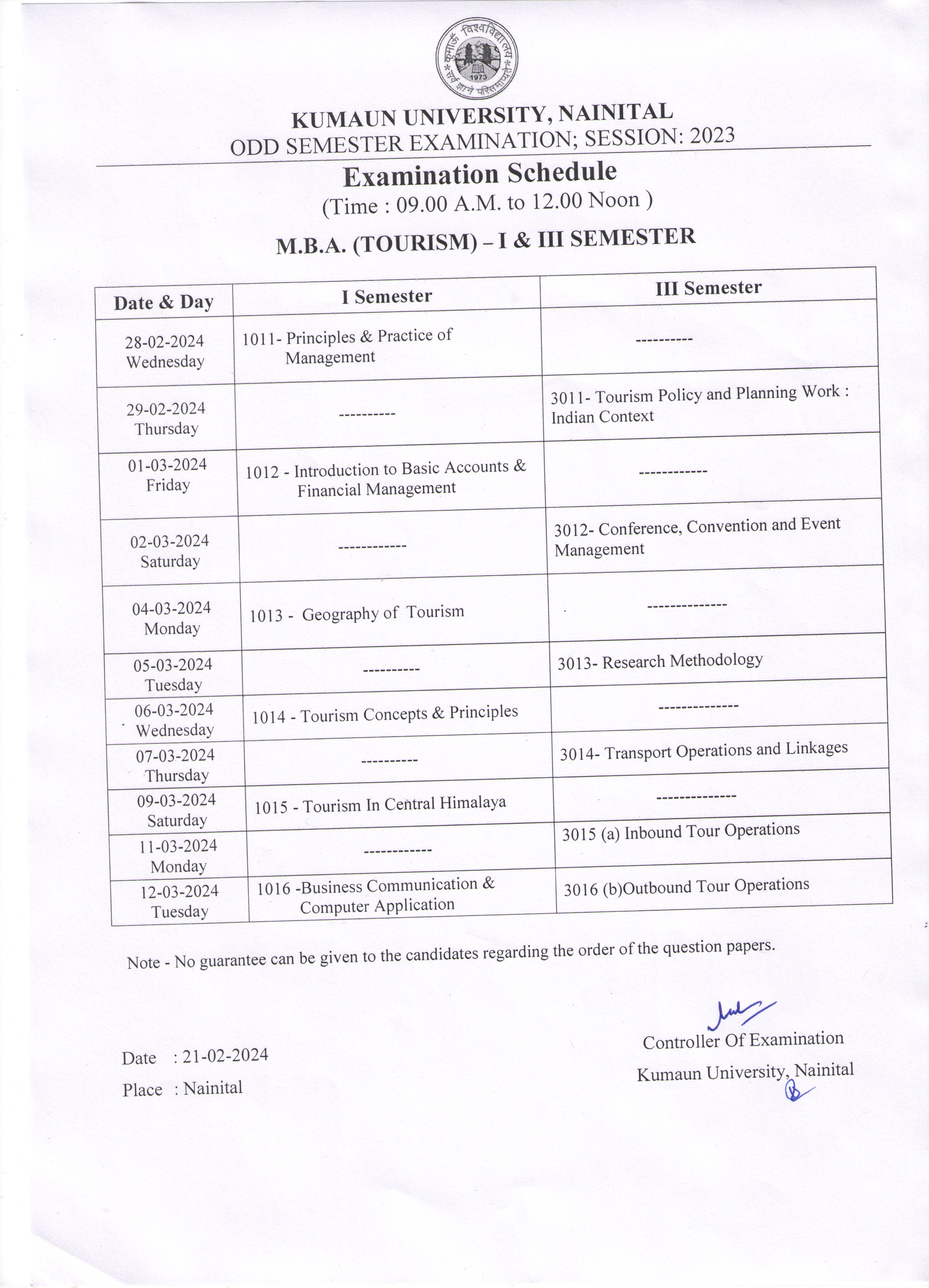 Examination Schedules | Kumaun University, Nainital