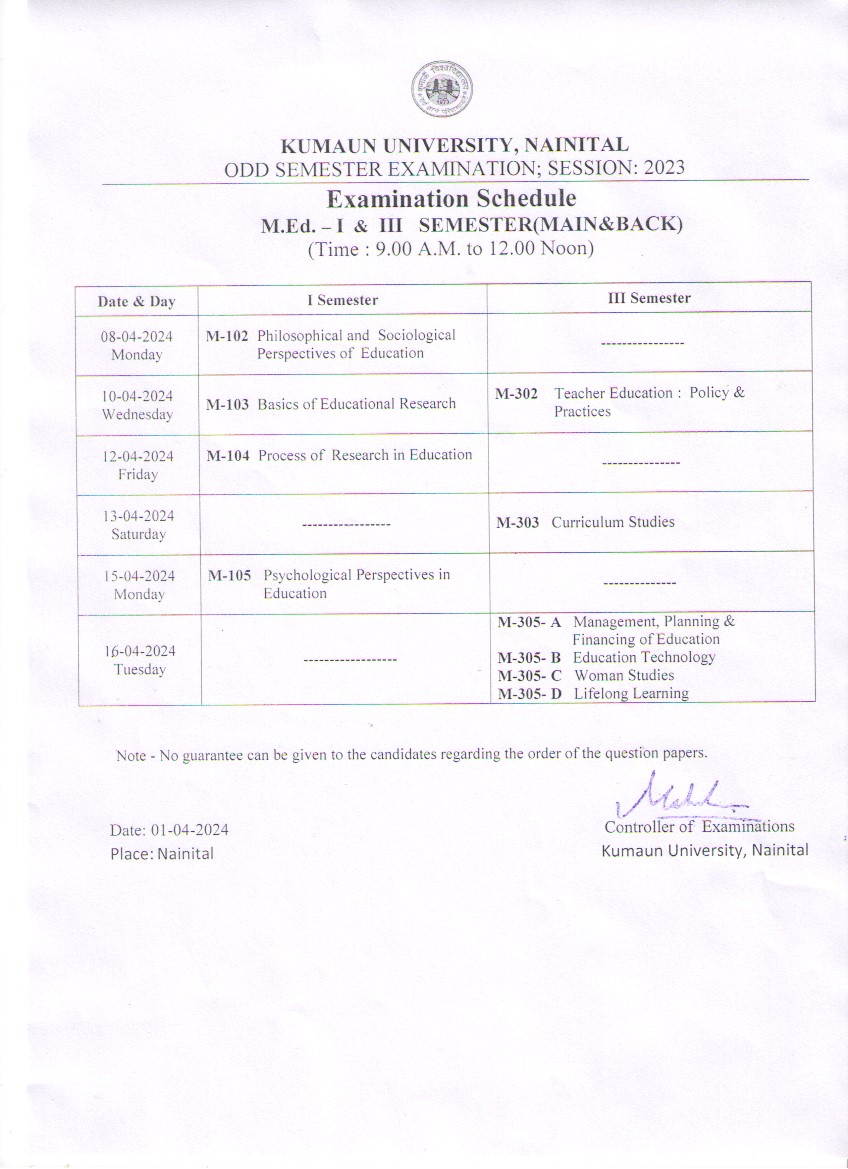 Examination Schedules | Kumaun University, Nainital
