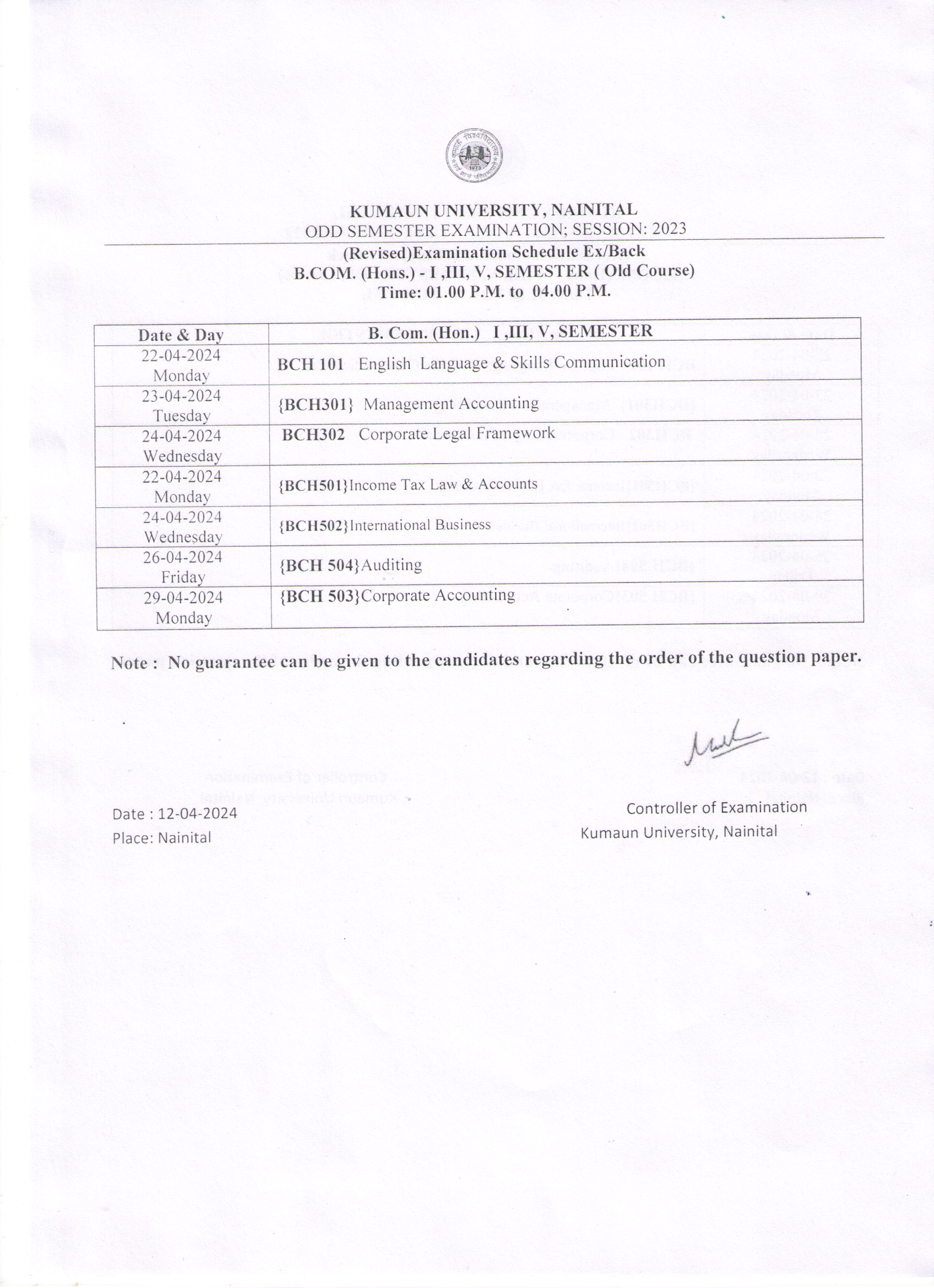 Examination Schedules | Kumaun University, Nainital