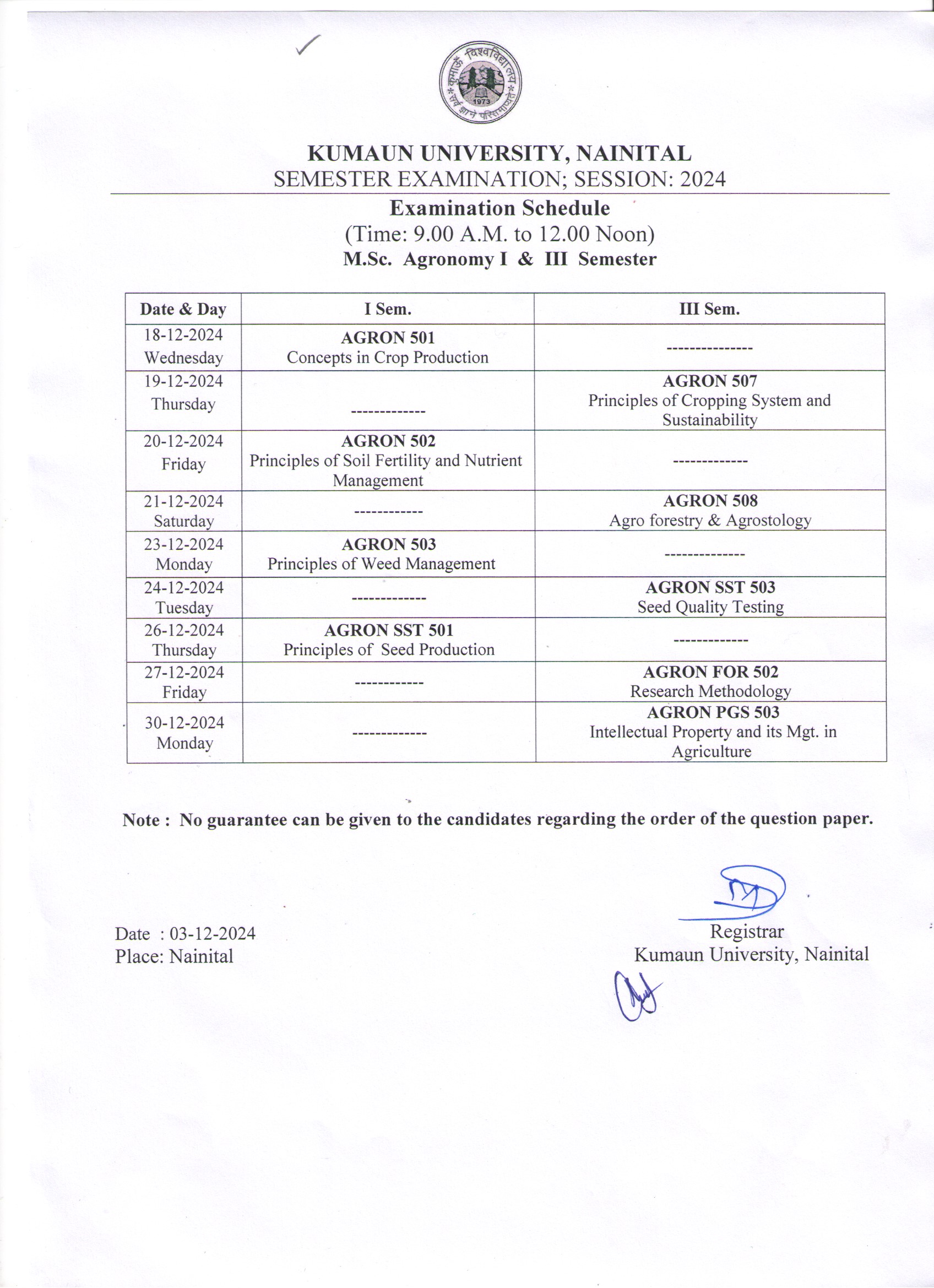 Examination Schedules | Kumaun University, Nainital
