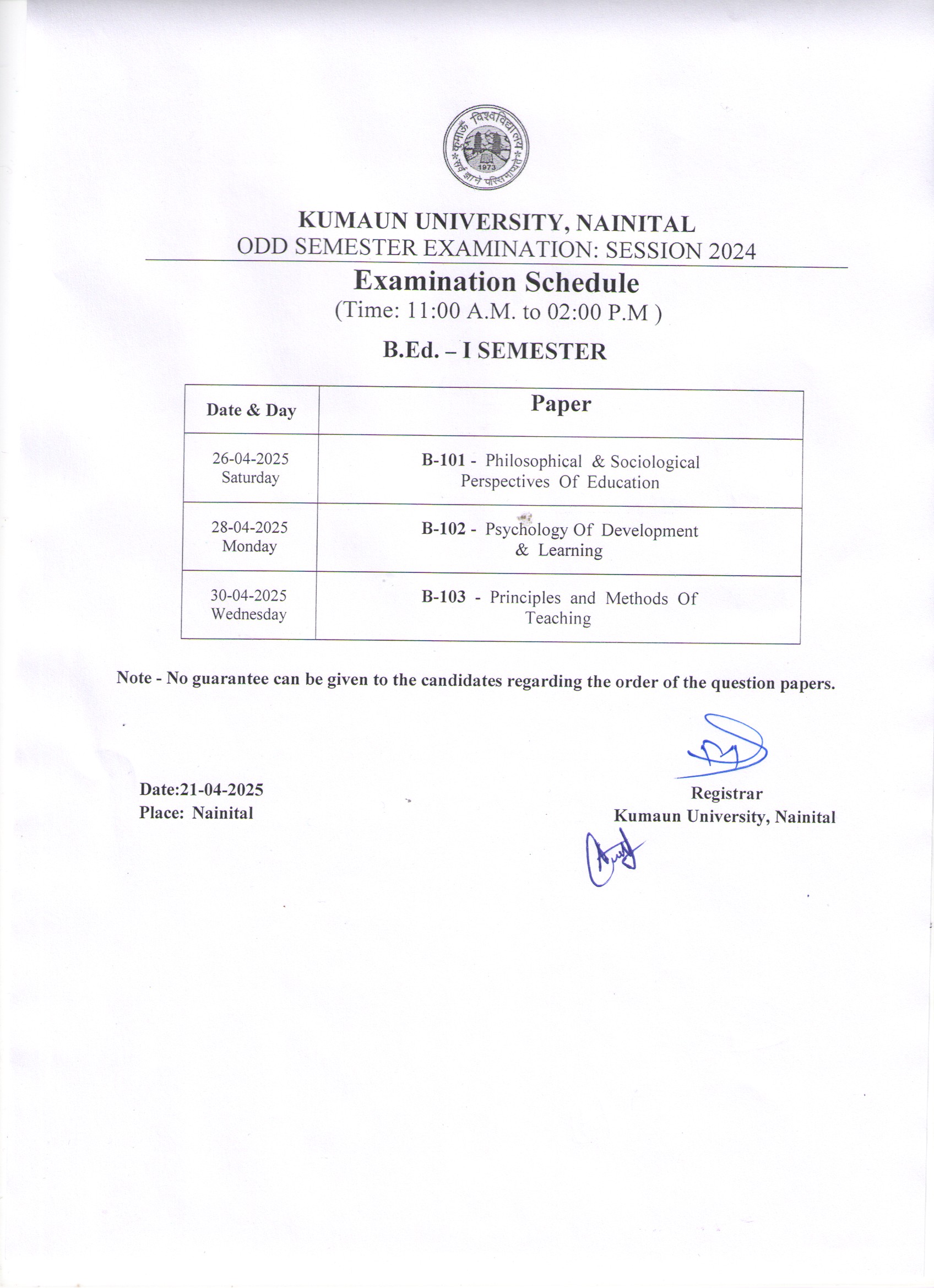 Examination Schedules | Kumaun University, Nainital